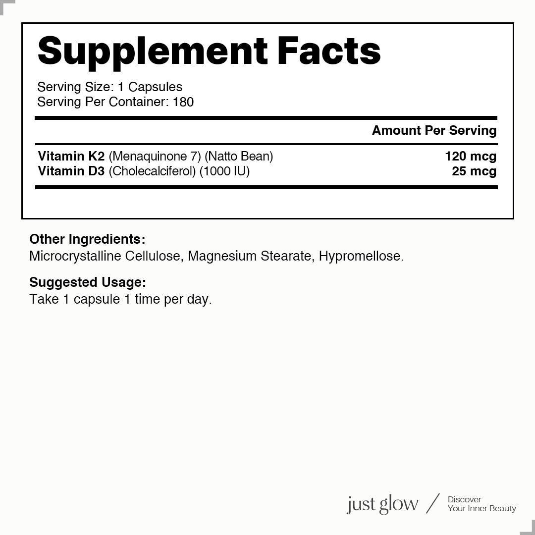 Vitamin K2 120 mcg+D3 1000 IU 180 Capsules - Just Glow